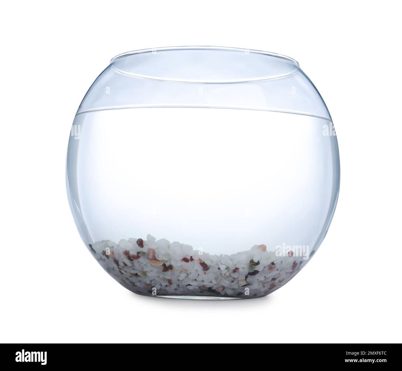 Glass fish bowl with clear water and decorative pebble isolated on ...