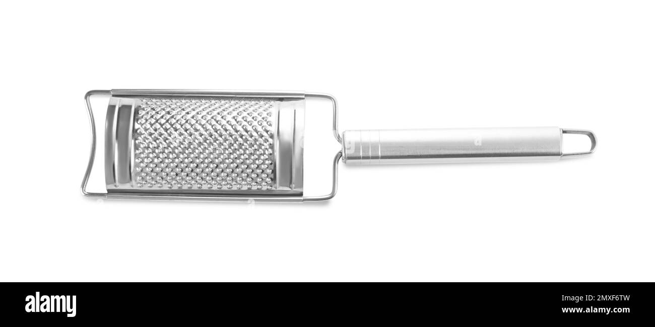 Modern stainless grater isolated on white, top view. Cooking utensil ...