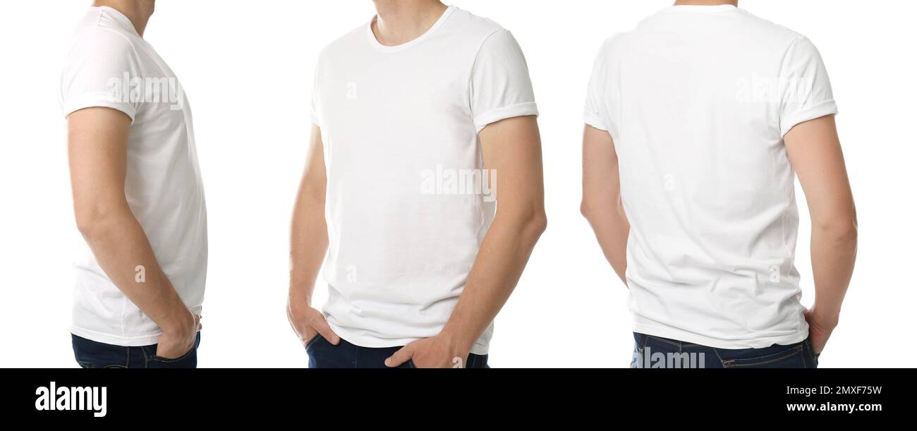 Collage with photos of man in t-shirt on white background, closeup ...