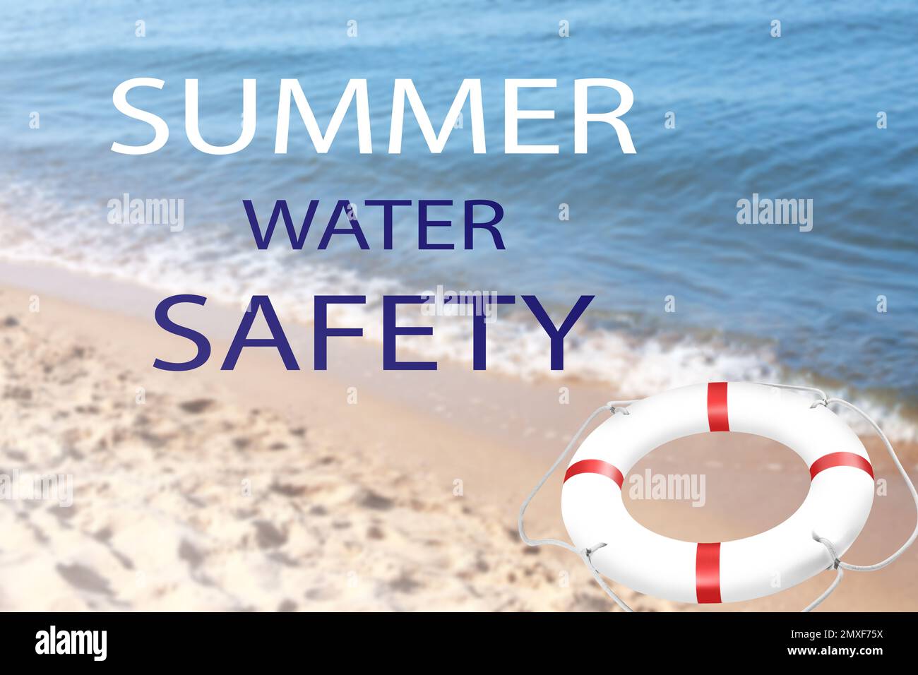 Summer water safety. Life buoy on sandy beach near sea Stock Photo - Alamy