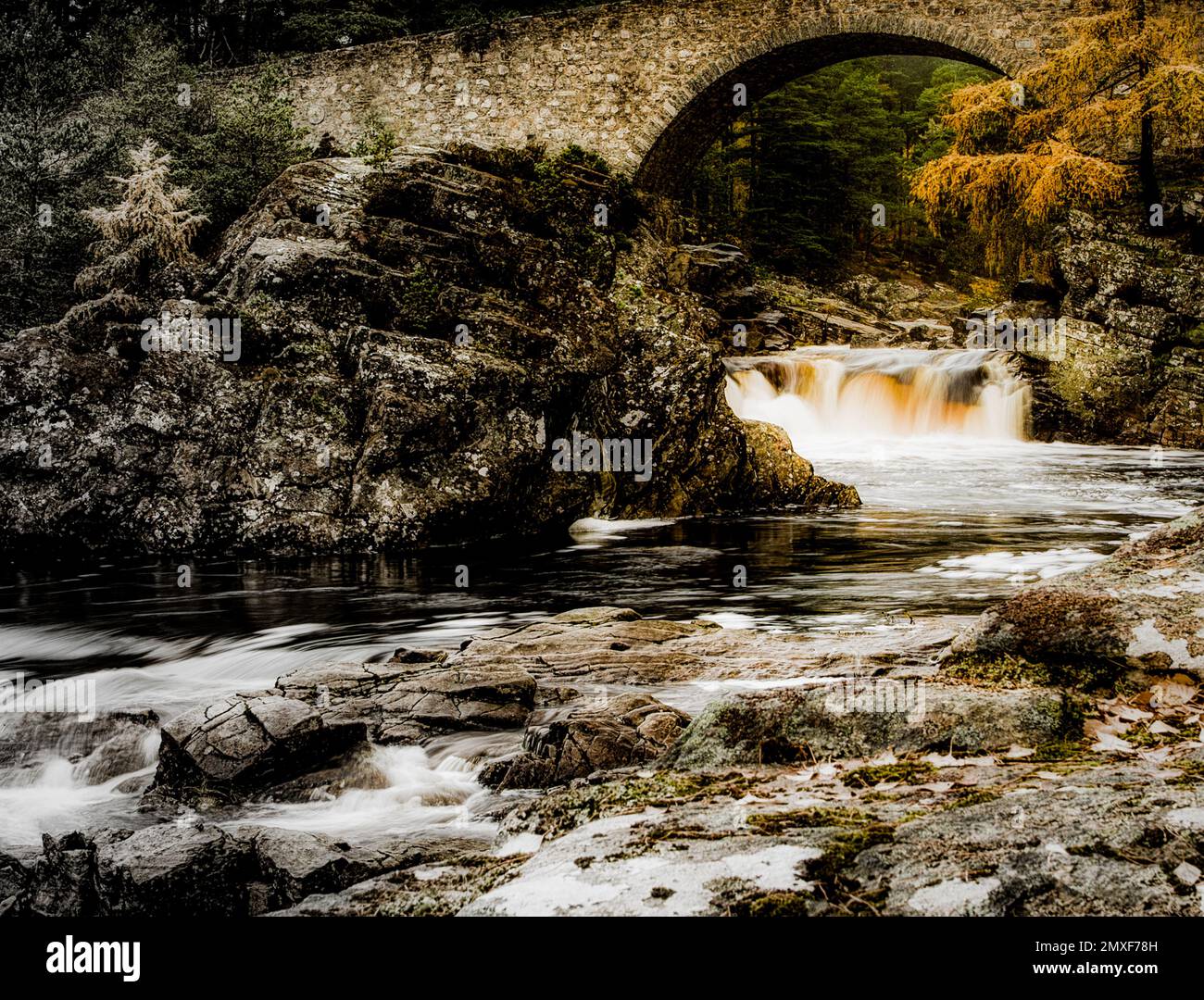 The Black Water river flowing through the landscape around Little Garve ...