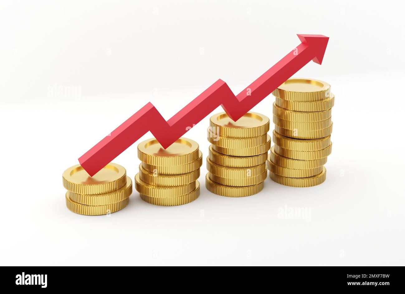 Gold coin level stack with a red arrow. Business, finance and saving ...