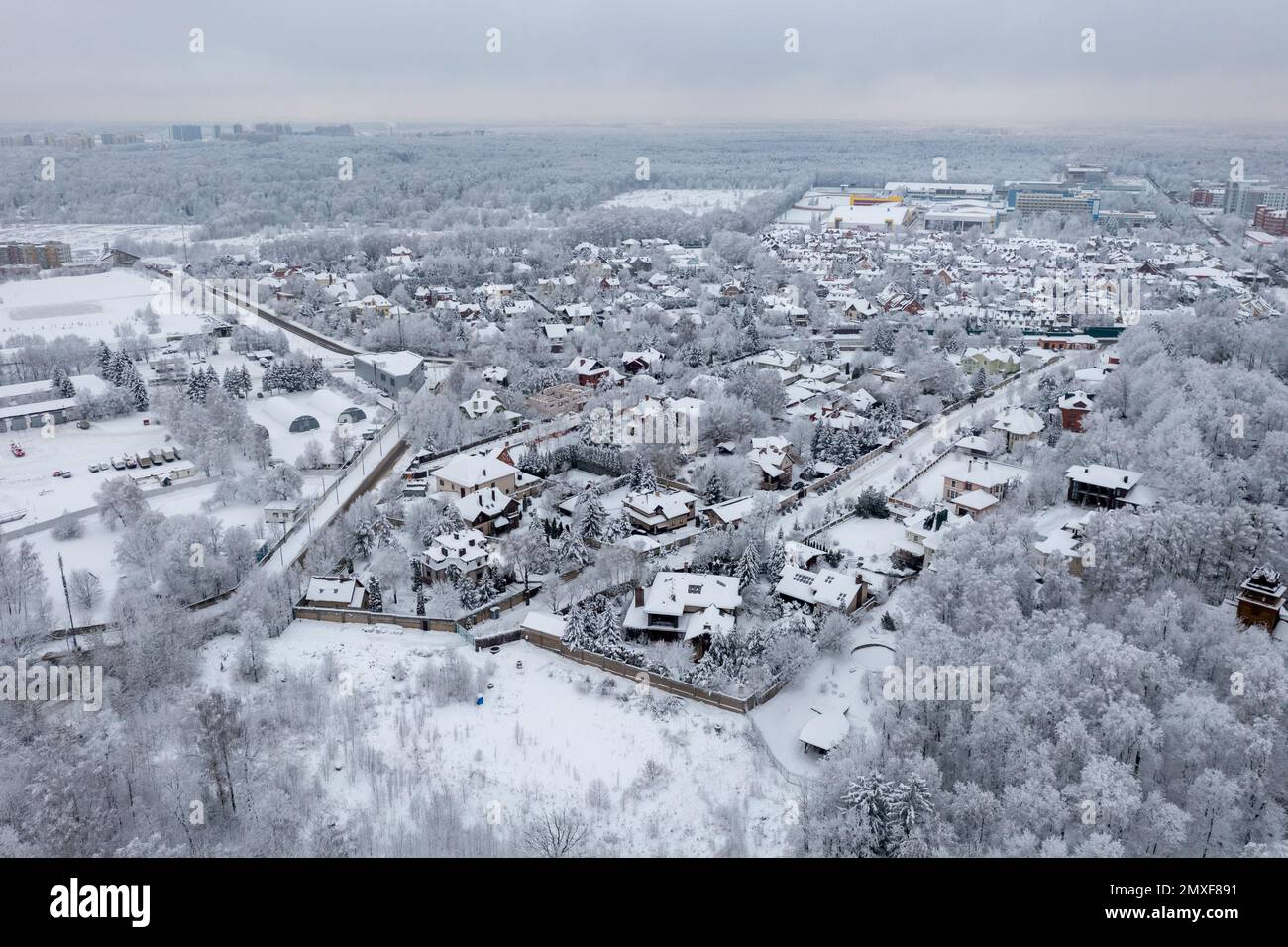 Aerial view of the Kurkino Nature Park and the Skhodnya River at in ...