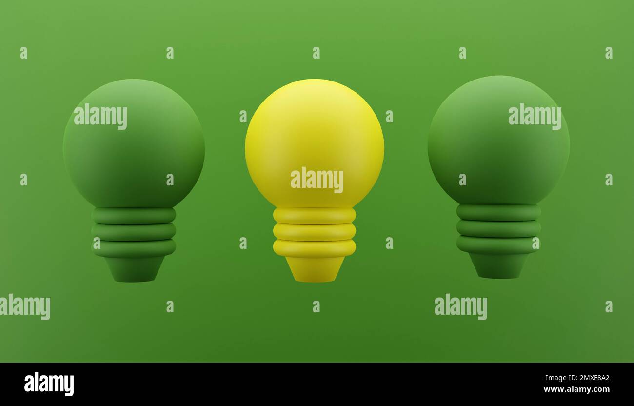 A bright yellow bulb among a green bulb on a green background. 3d ...
