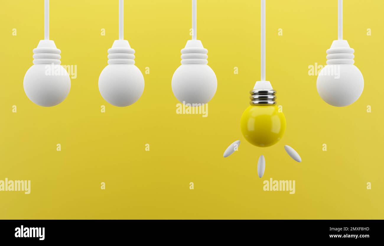 Bright yellow bulb among white bulb on a yellow background. 3d render ...