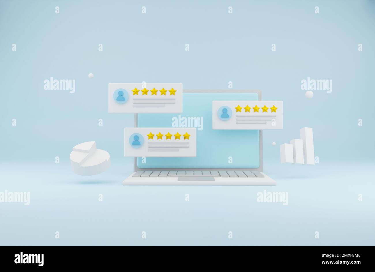 User review concept. 3d render illustration of laptop, floating review ...