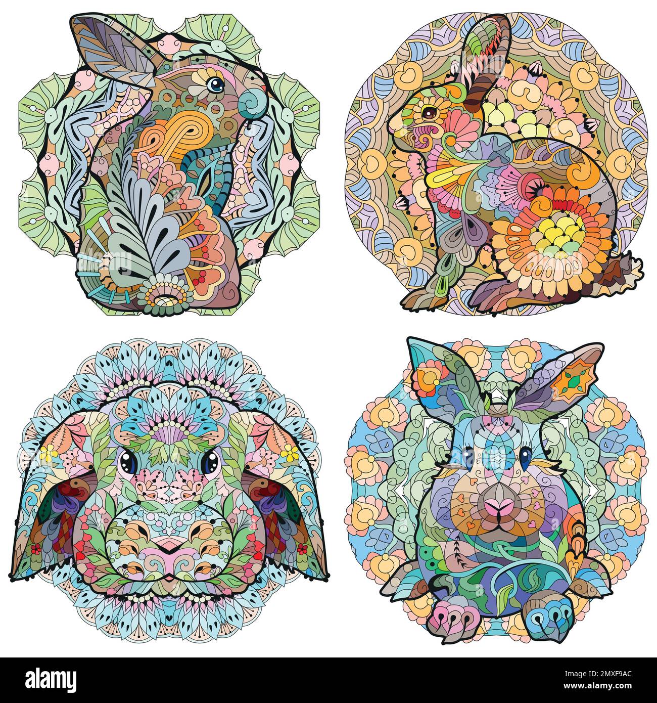 Set of spring rabbit on mandala. Easter background with creative cute ...