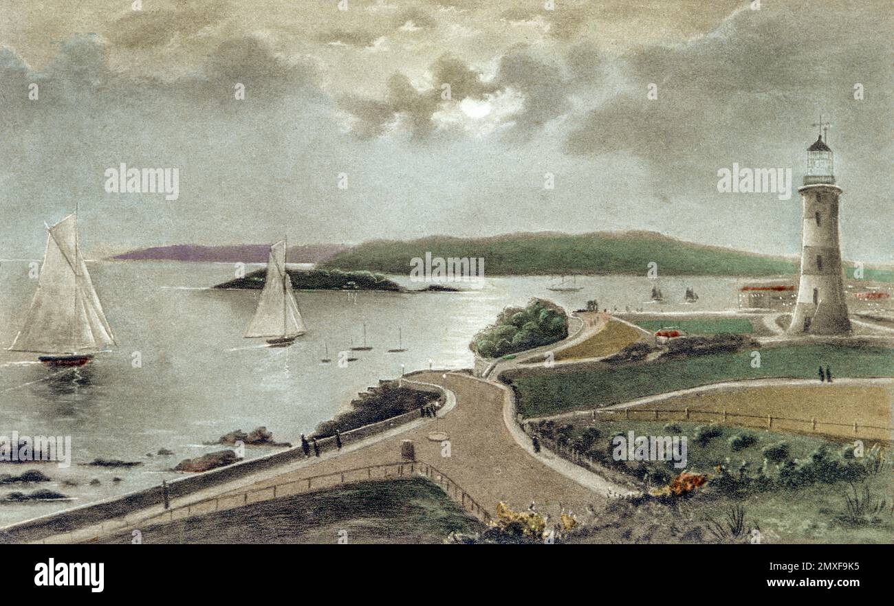 A coloured reproduction of Plymouth Hoe, Devon UK scanned at high ...