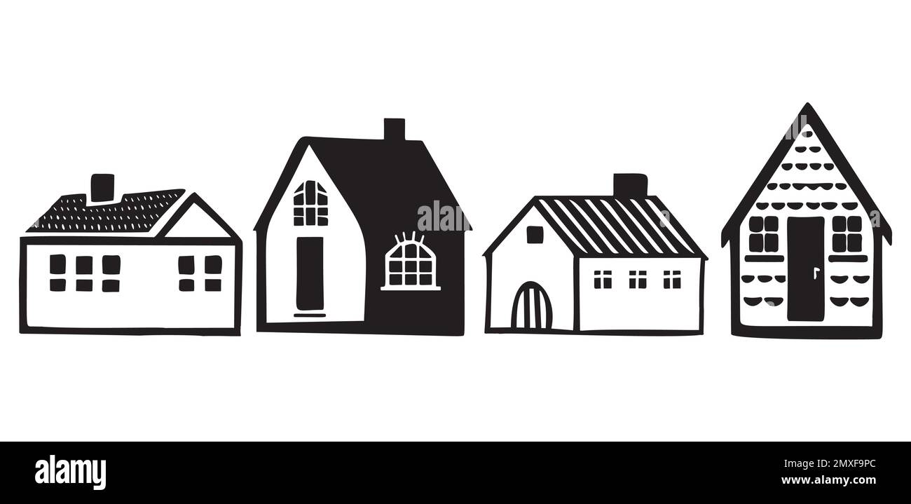 Collection of cute house illustrations. Vector set of village buildings ...