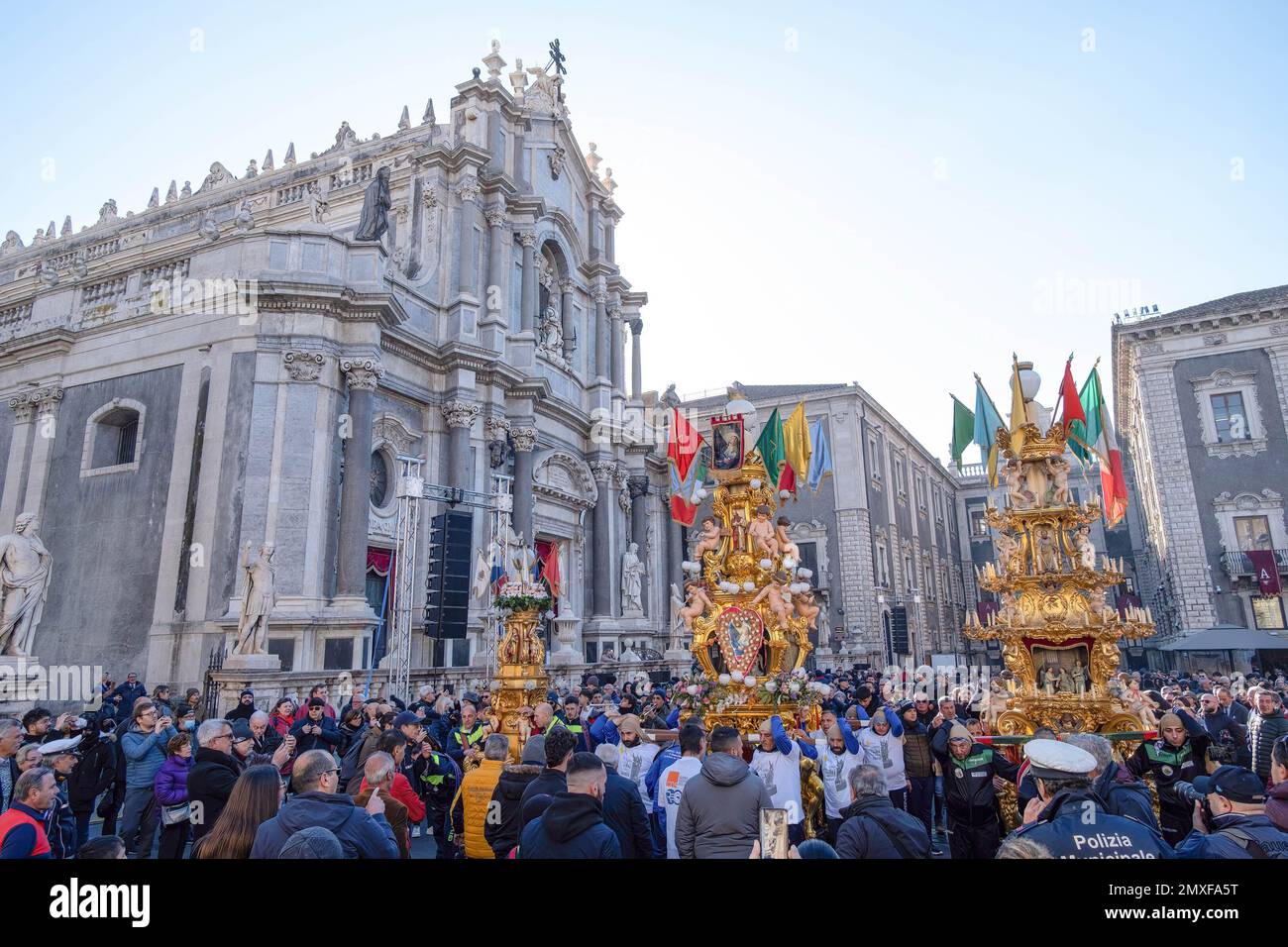 Catania, Italy. 03rd Feb, 2023. Three traditional Candeloras seen ...