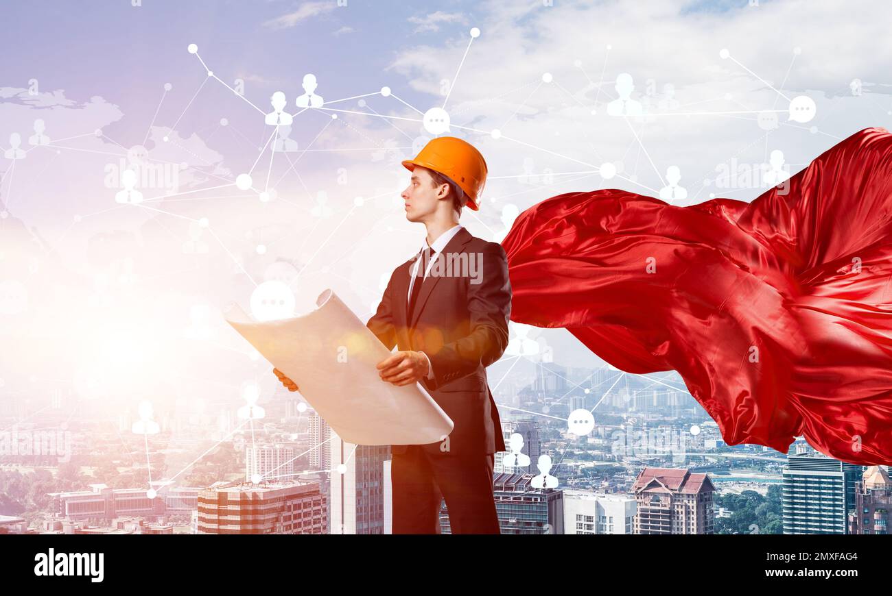 Concept of power and sucess with architect superhero in big city Stock ...