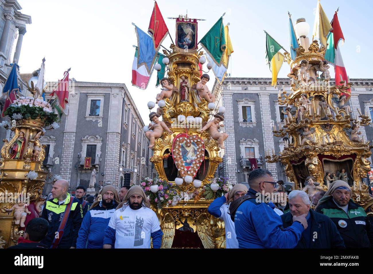 People seen around the traditional Candeloras on the street of Catania ...