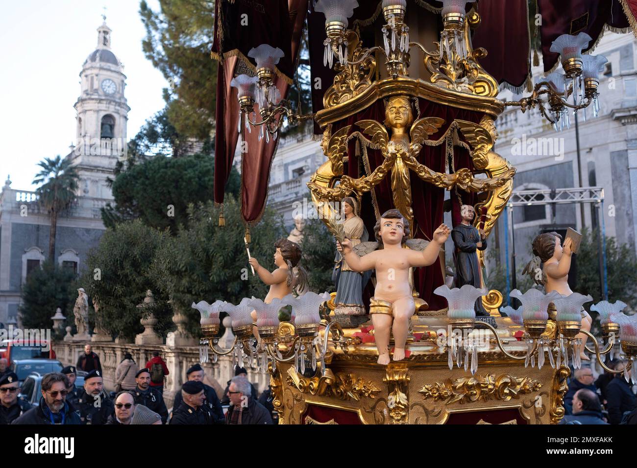 A traditional Candelora seen standing on the main square in Catania ...