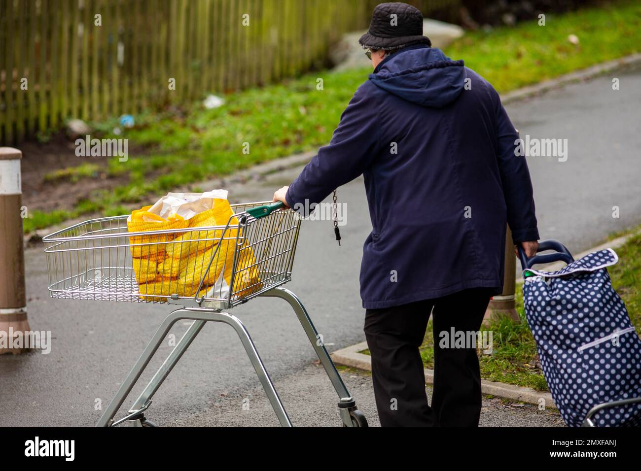 An older lady with a shopping trolley and a pull along shopping basket ...