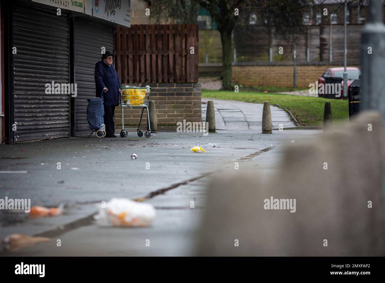 An older lady with a shopping trolley and pull along shopping basket ...