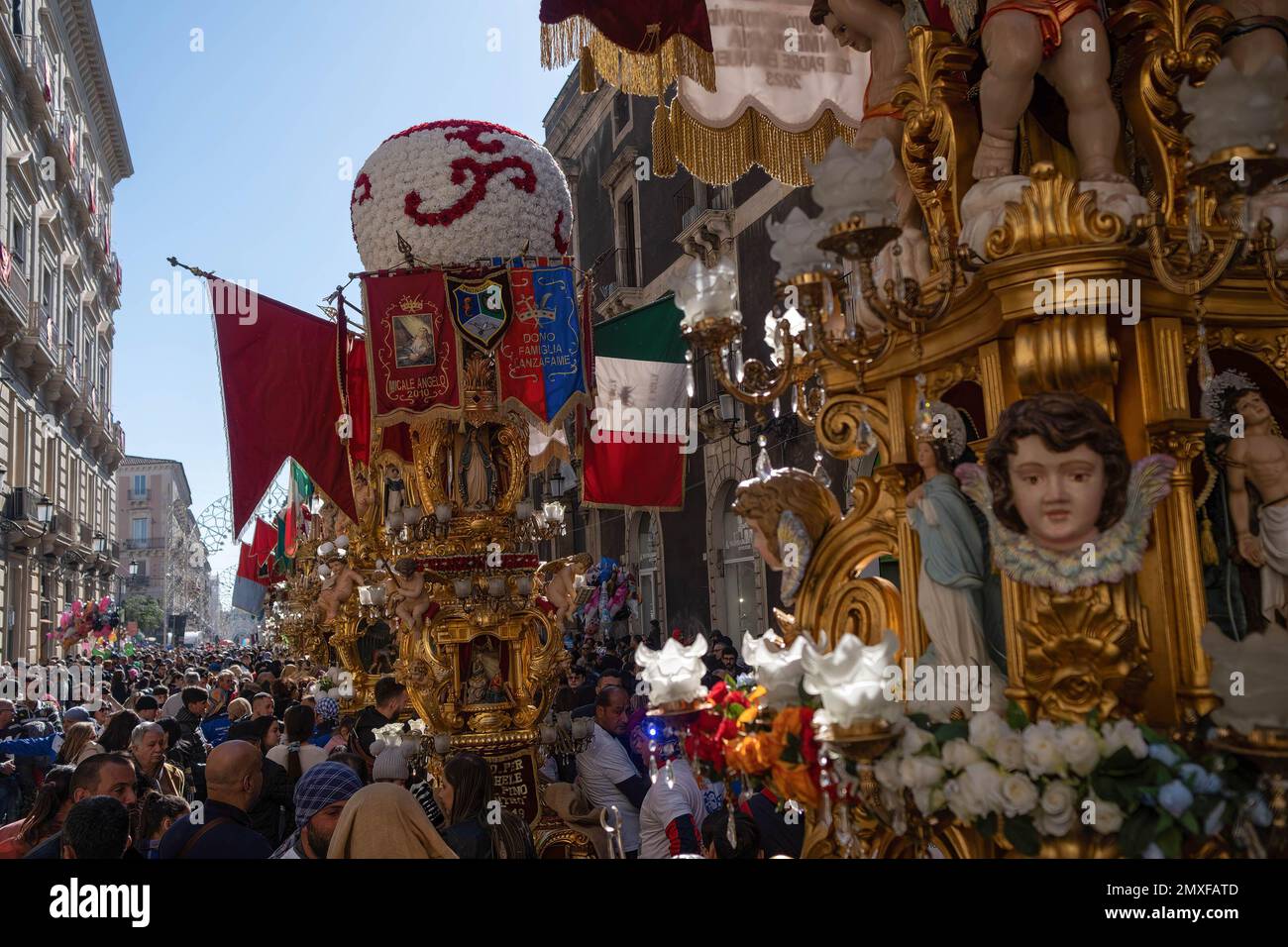 Catania, Italy. 03rd Feb, 2023. Traditional Candeloras seen standing ...