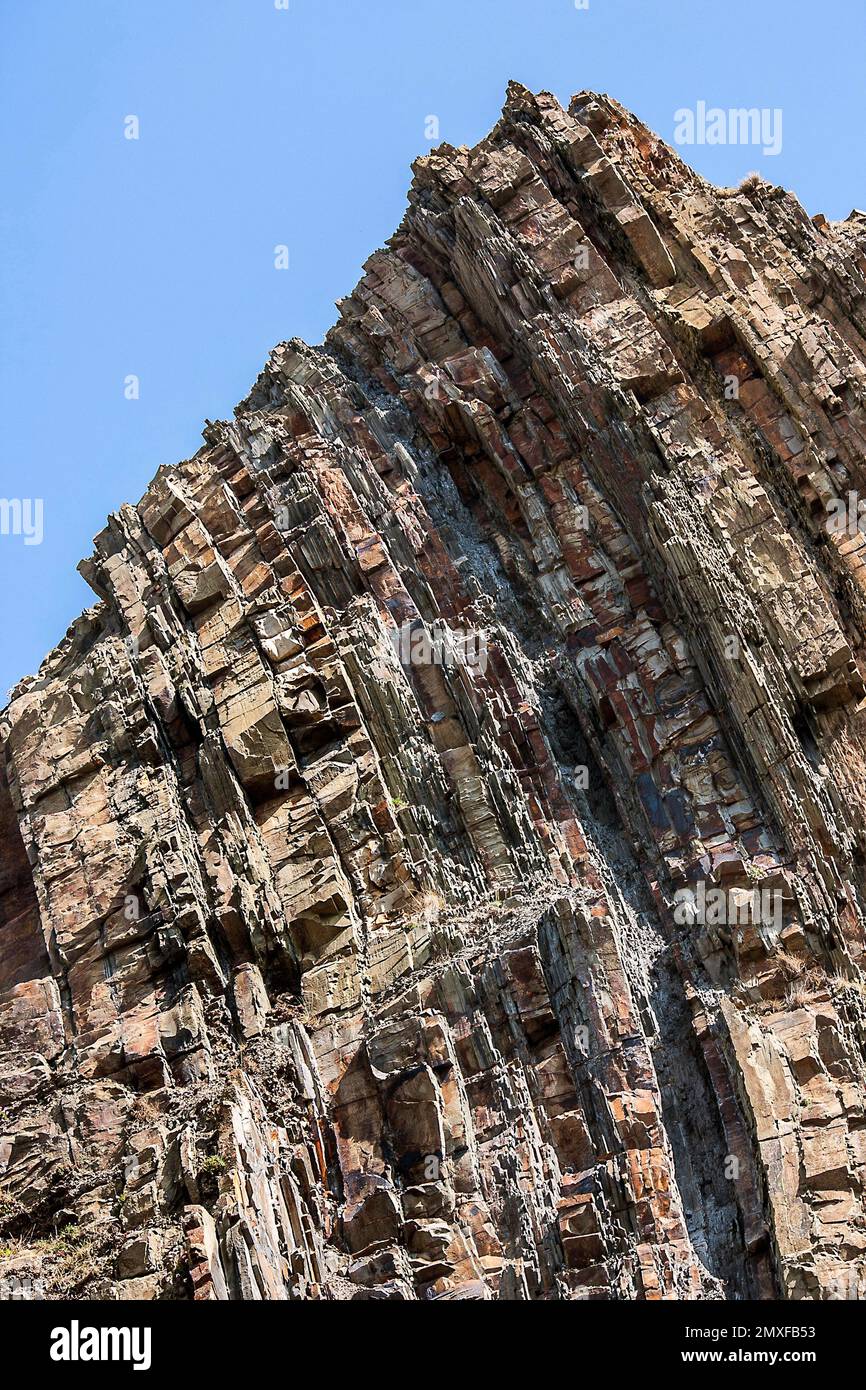 Cornish rock face North coast cliff,Chevron folding sandstone strata ...