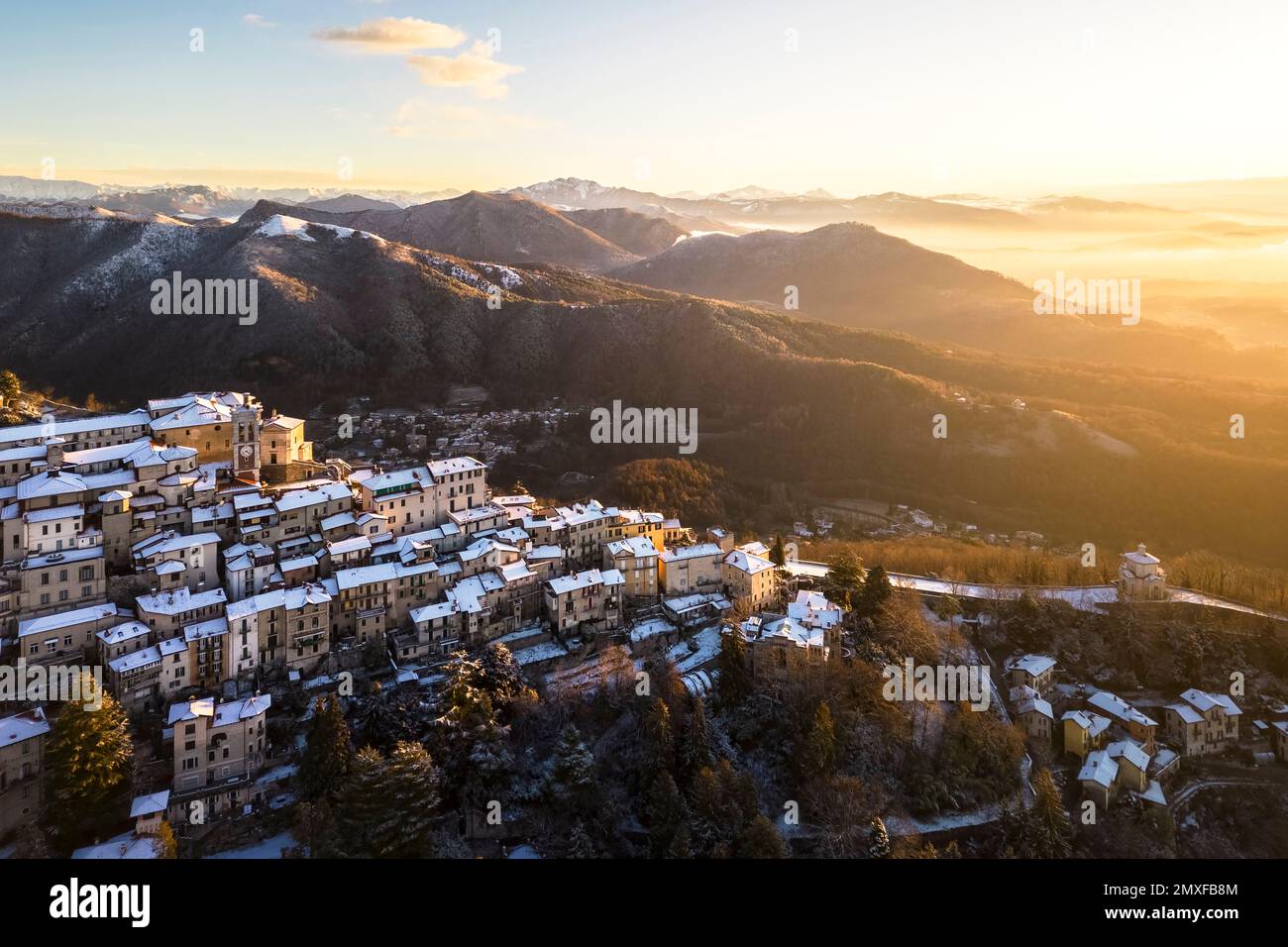 Aerial view of the town of Santa Maria del Monte after a snowfall in ...