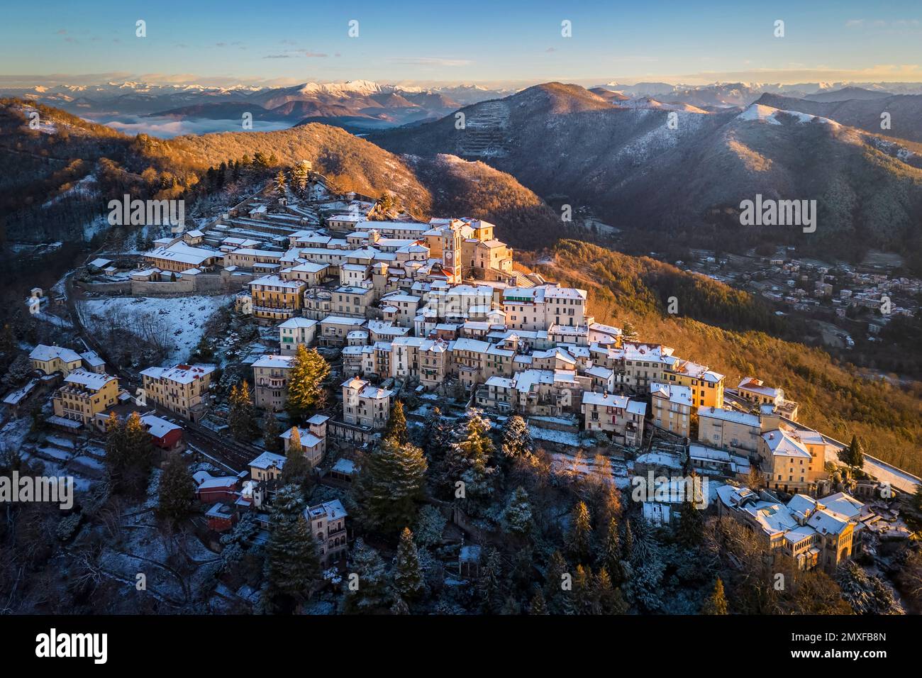 Aerial view of the town of Santa Maria del Monte after a snowfall in ...