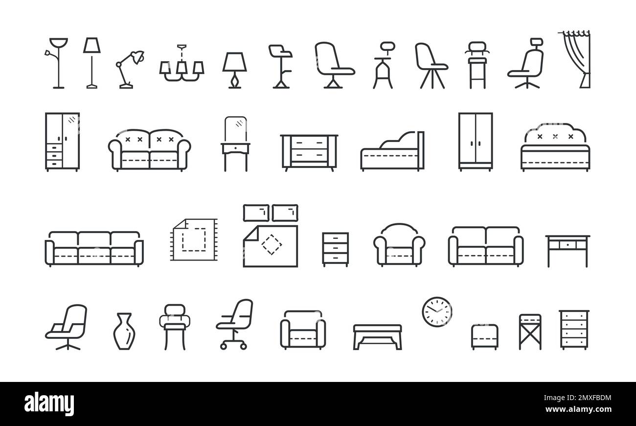 Set of interior design and home decoration related line icons ...