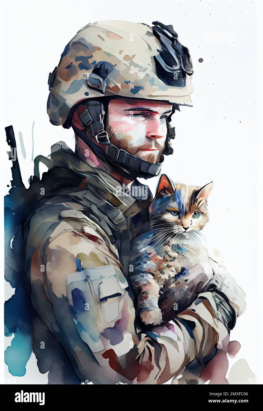Military man soldier with cute kitten, aquarelle portrait. Patriot ...