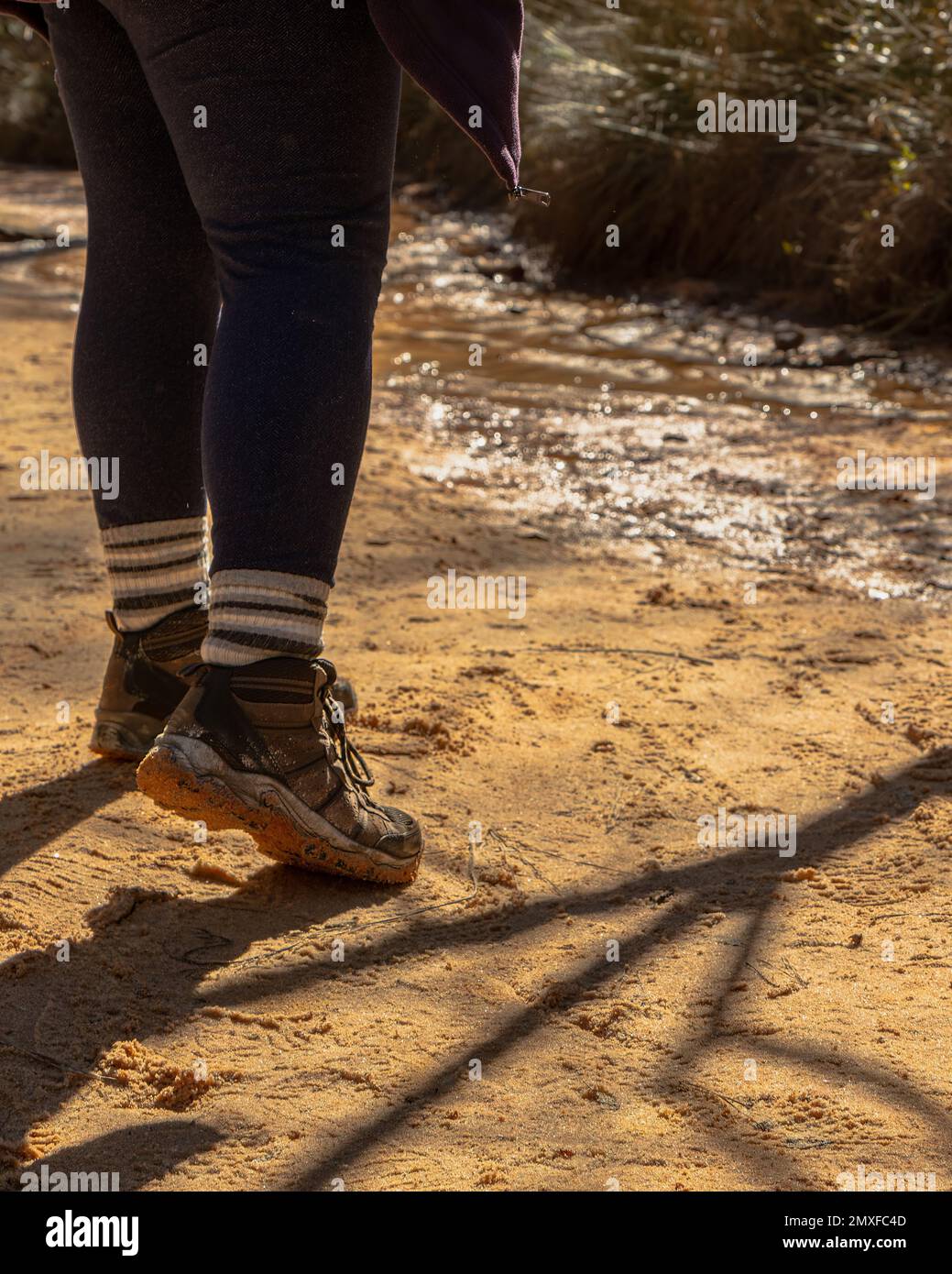A vertical shot of the legs of a hiker wearing dirty shoes walking on a ...