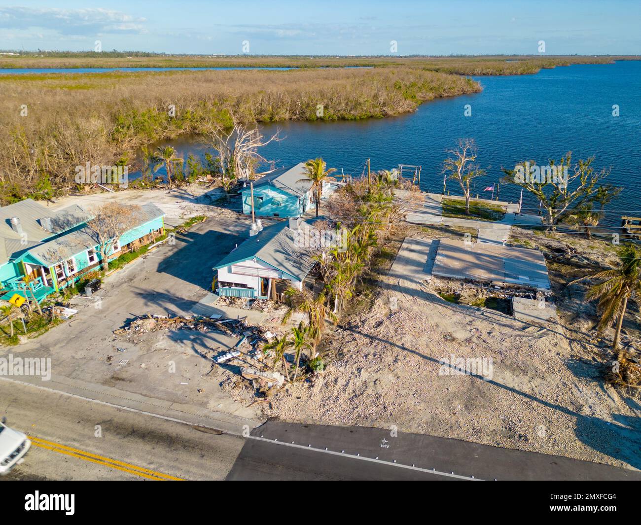 Aerial drone photo Matlacha severly damaged by Hurricane Ian circa 2022 ...
