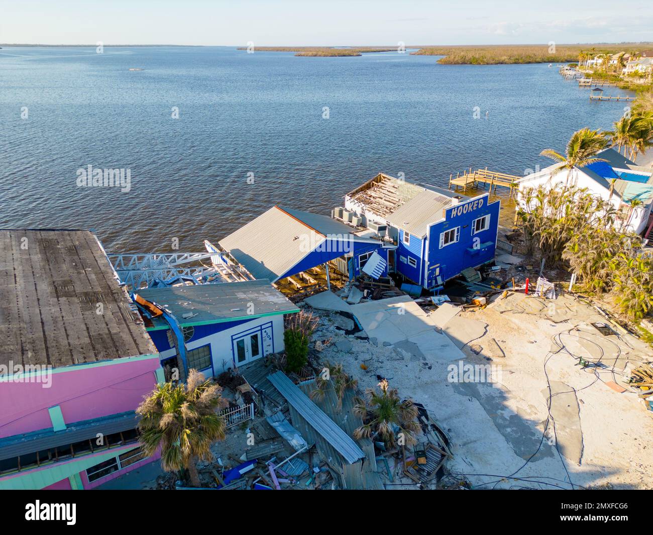 Aerial drone photo Matlacha severly damaged by Hurricane Ian circa 2022 ...