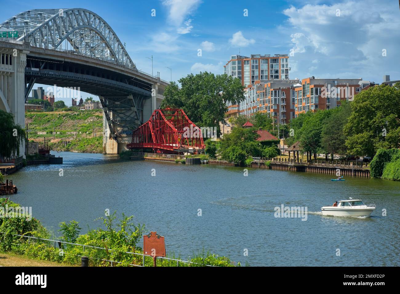 Two bridges over the Cuyahoga River in Cleveland, Ohio; the high-level ...