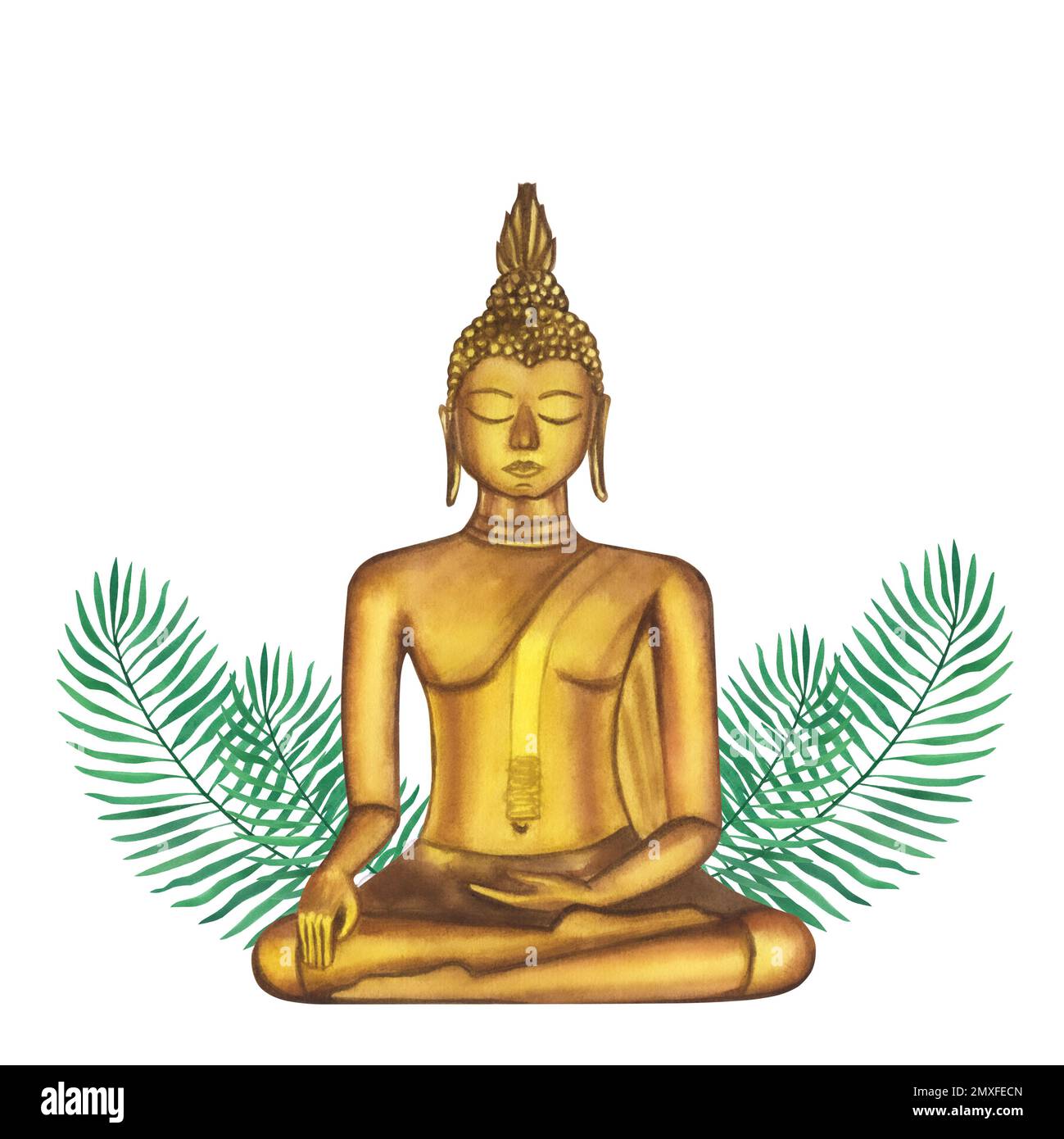 Golden Buddha with tropical green palm leaves. Religious symbol of Asia ...