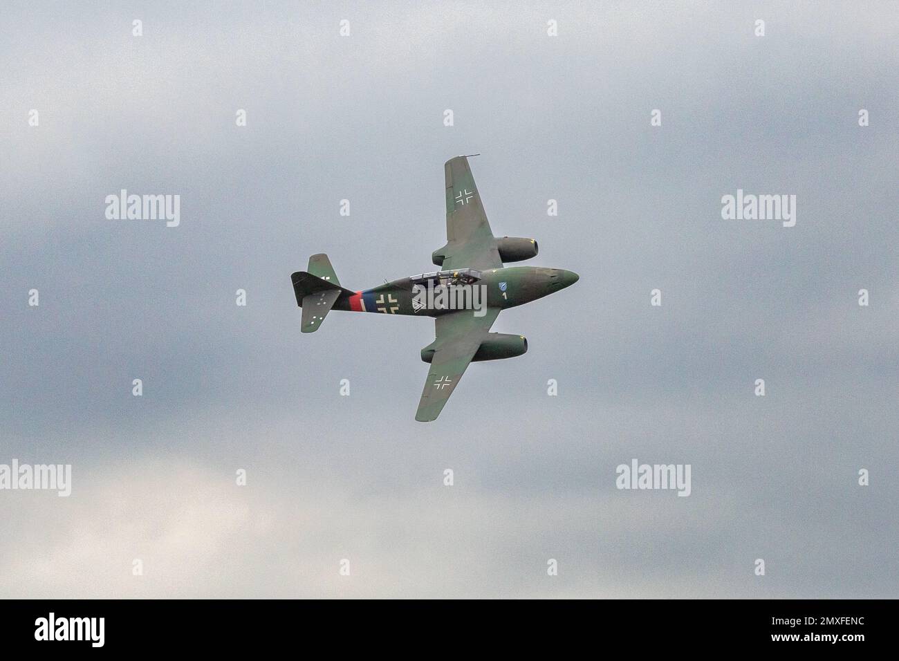 The Messerschmitt ME-262 flying in Houston against a clouded sky Stock ...