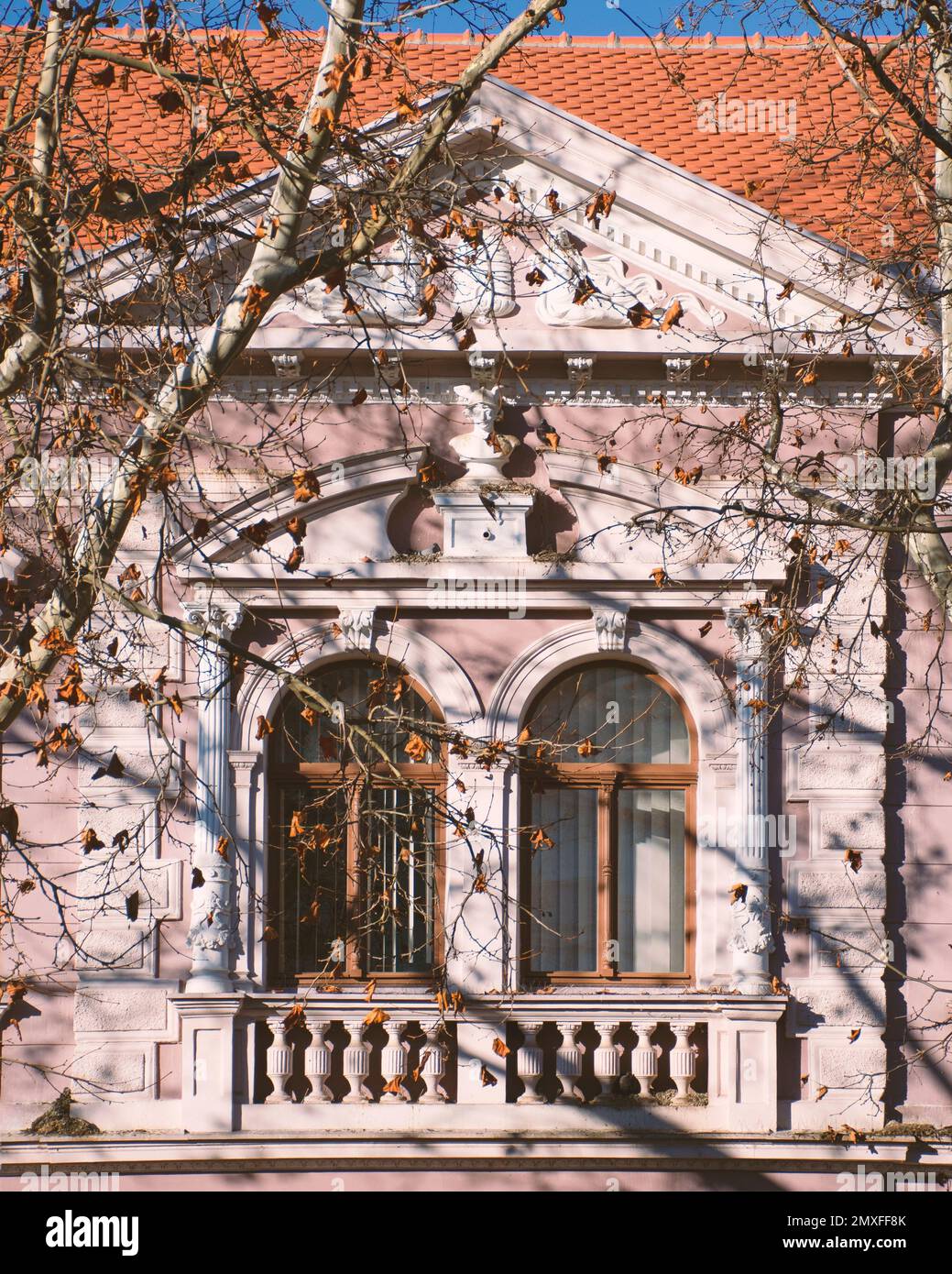 A vertical shot of the ancient old building with windows visible ...
