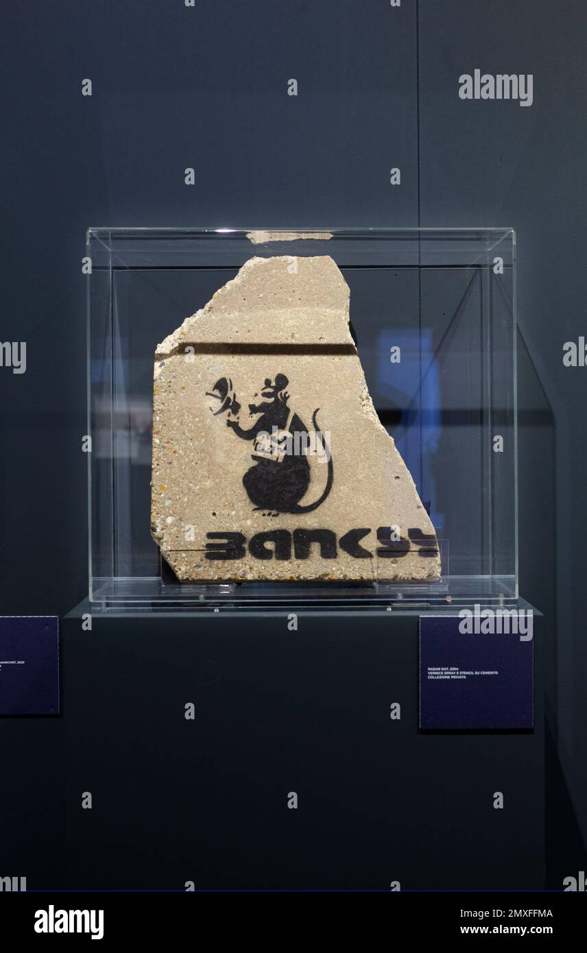 Trieste, Italy - January 21, 2023: Radar rat on concrete by Banksy. The ...