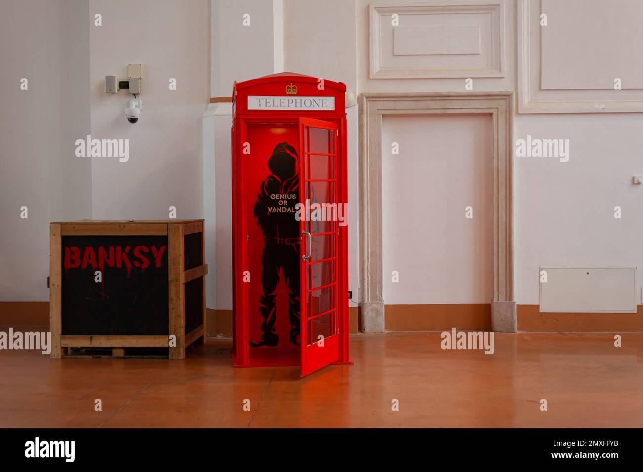 Trieste, Italy - January 21, 2023: Phone Booth in the Bansky Exposition ...