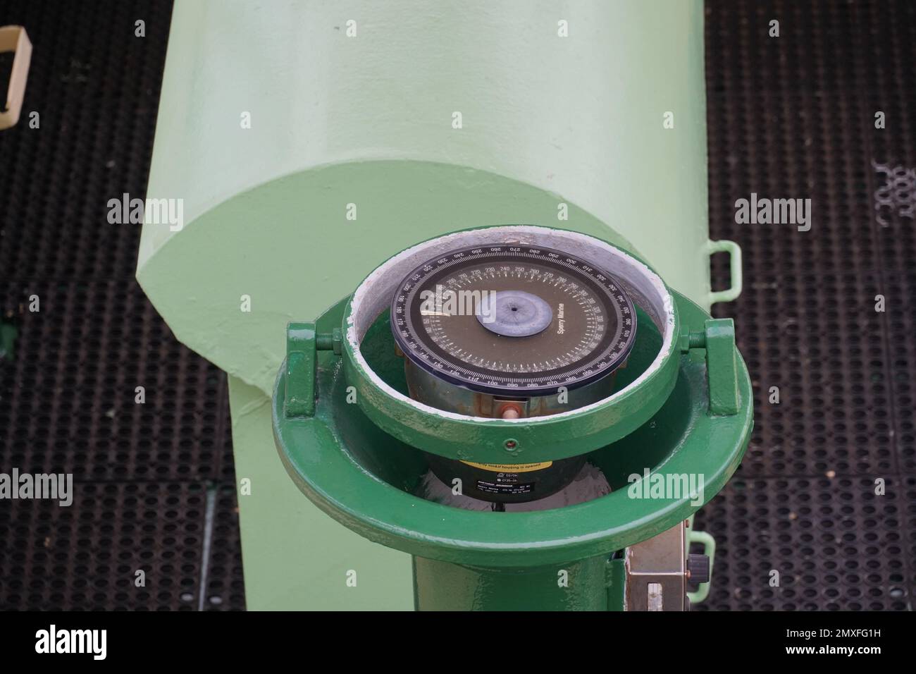 Aerial view on manoeuvring bridge console of the merchant vessel with ...