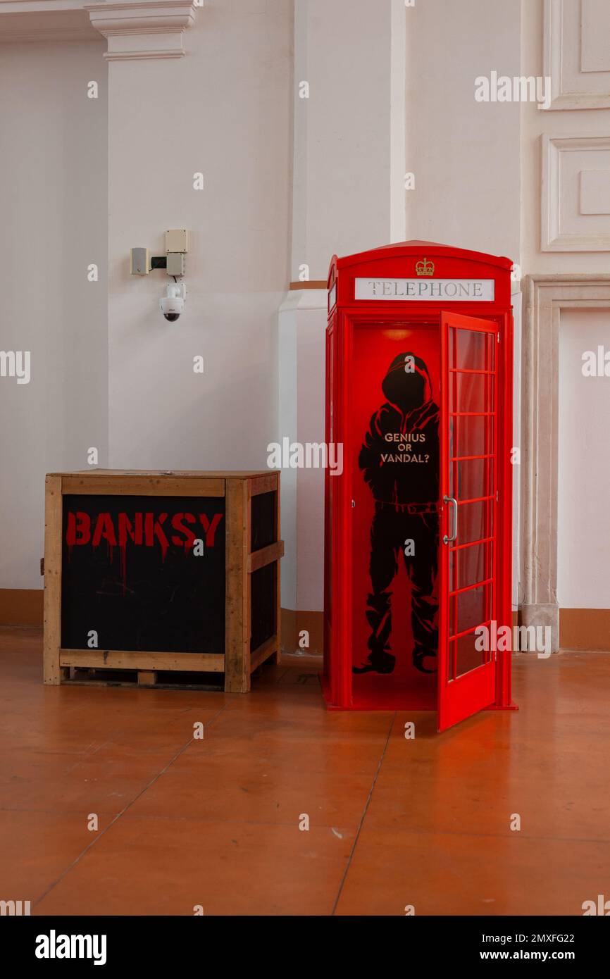 Trieste, Italy - January 21, 2023: Phone Booth in the Bansky Exposition ...