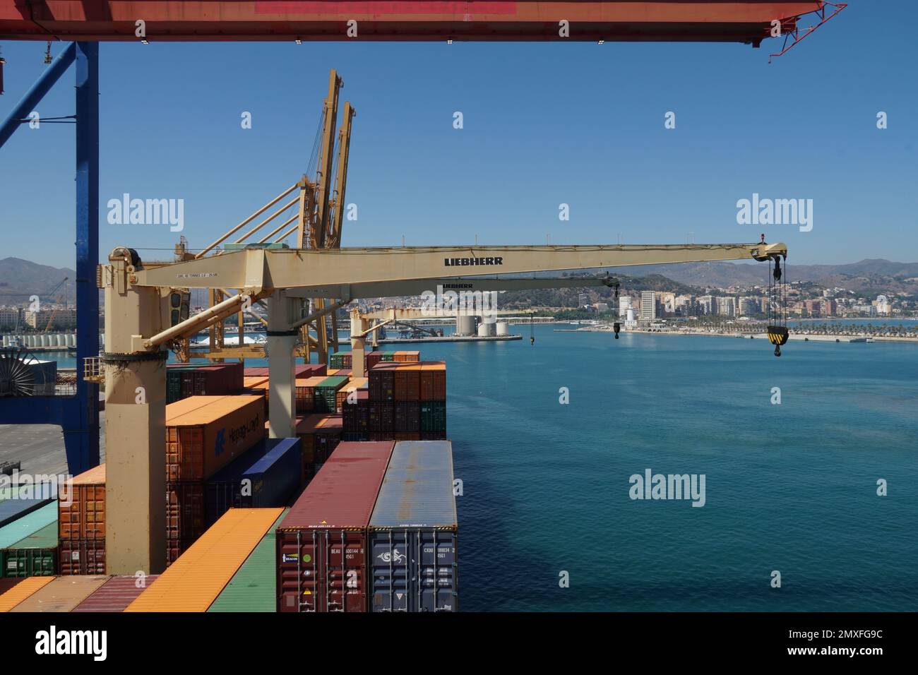 Merchant container ship with cranes moored in terminal is loading and ...