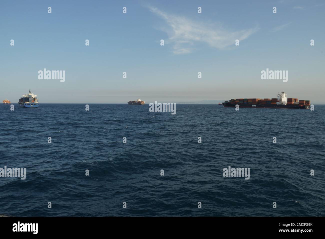 View on ships at anchor in the Mediterranean Sea waiting to enter the ...