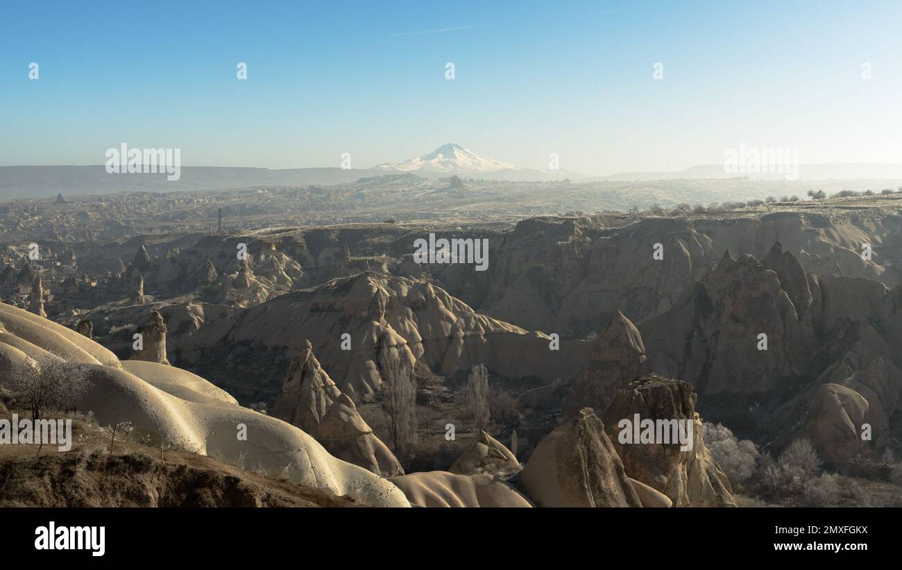 Panoramic view of Cappaadocia area, Ürgüp, Nevşehir, Turkey. Erciyes ...