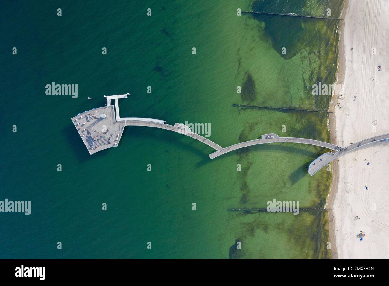 Aerial view over Koserow Pier / Seebrücke and Amber Beach on Usedom ...