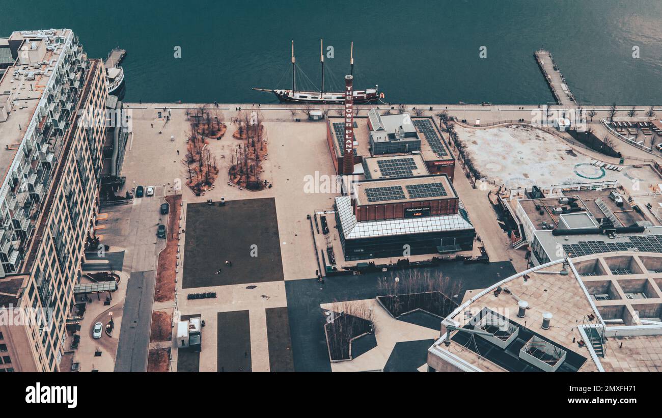 An aerial shot of downtown Toronto and a harbor in Ontario, Canada ...