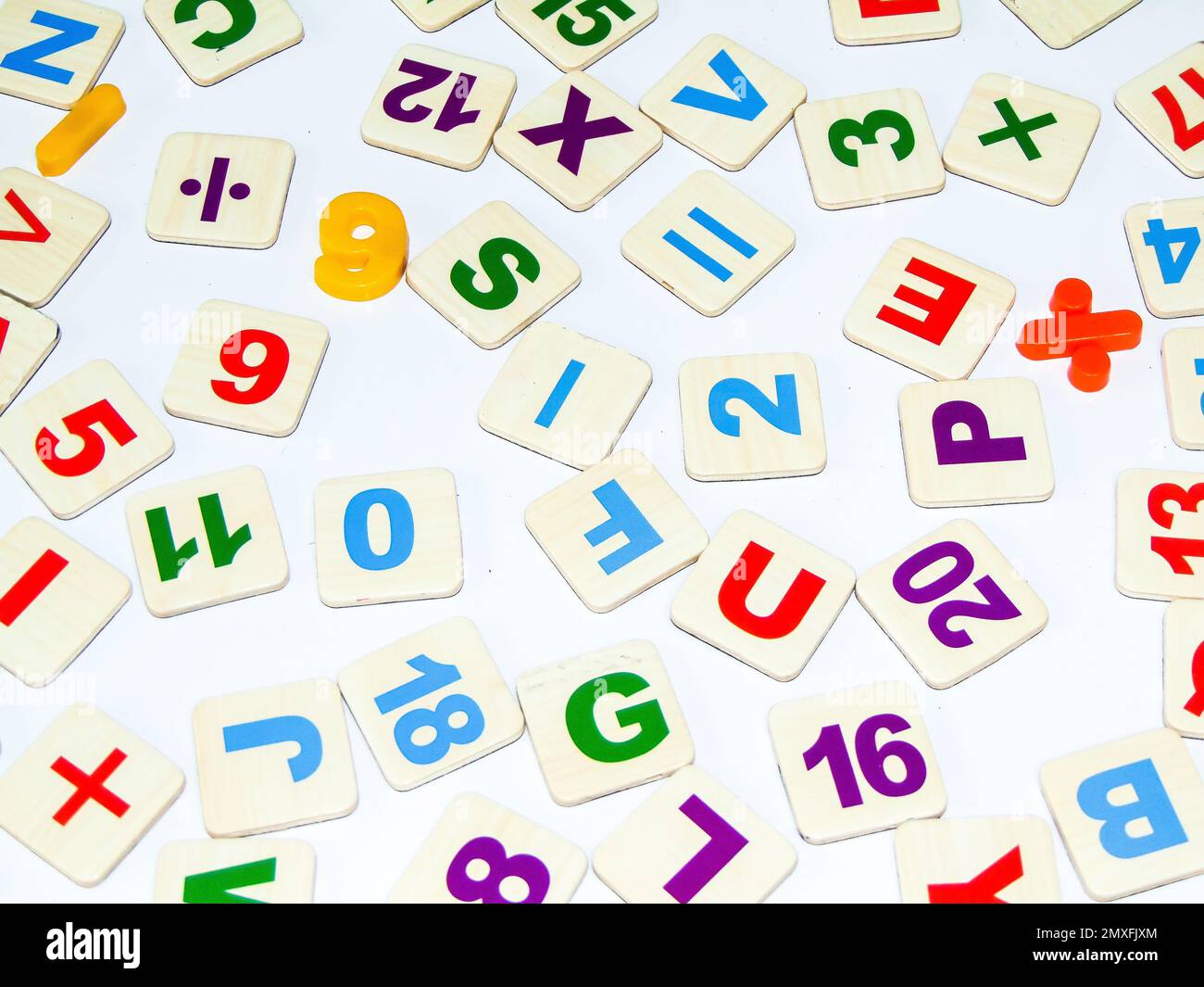 colored letters and numbers isolated on white. For education, school ...