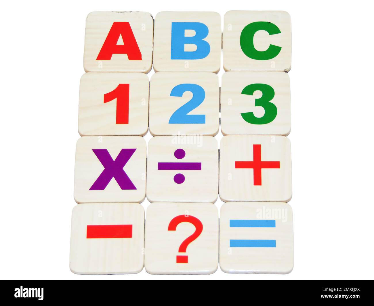 Colored letters, numbers and mathematical signs isolated on white Stock ...