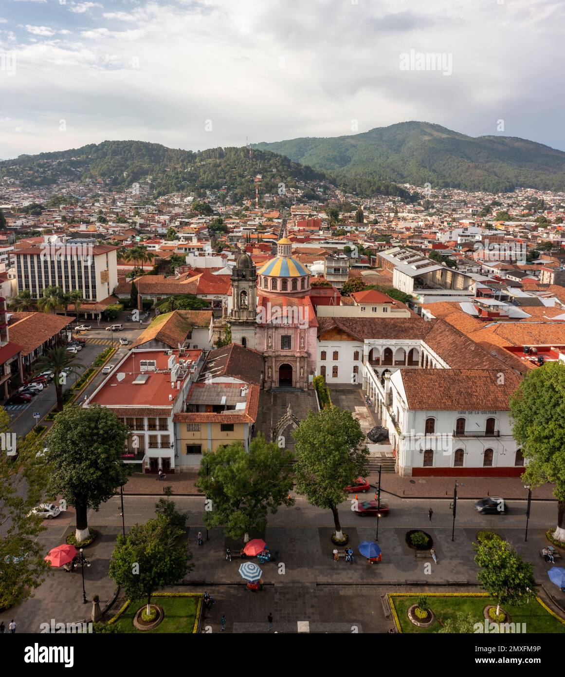 Aerial view of Uruapan city with the central square, Michoacan, Mexico ...