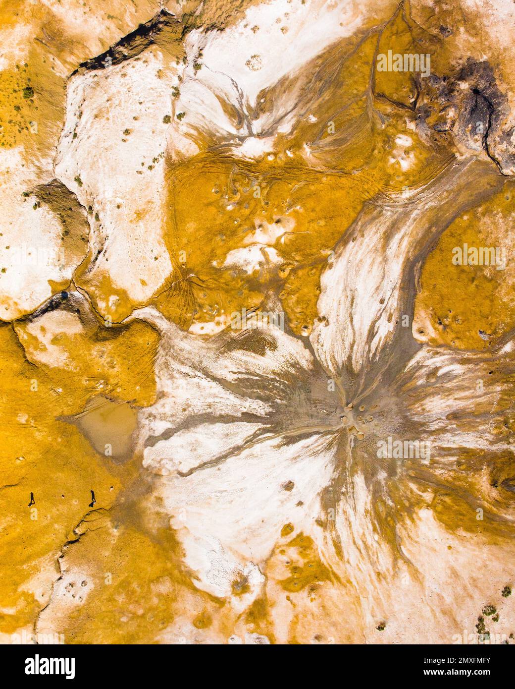 Top down aerial view scenic natural mud volcanoes formations in Chachuna nature reserve, Georgia ...