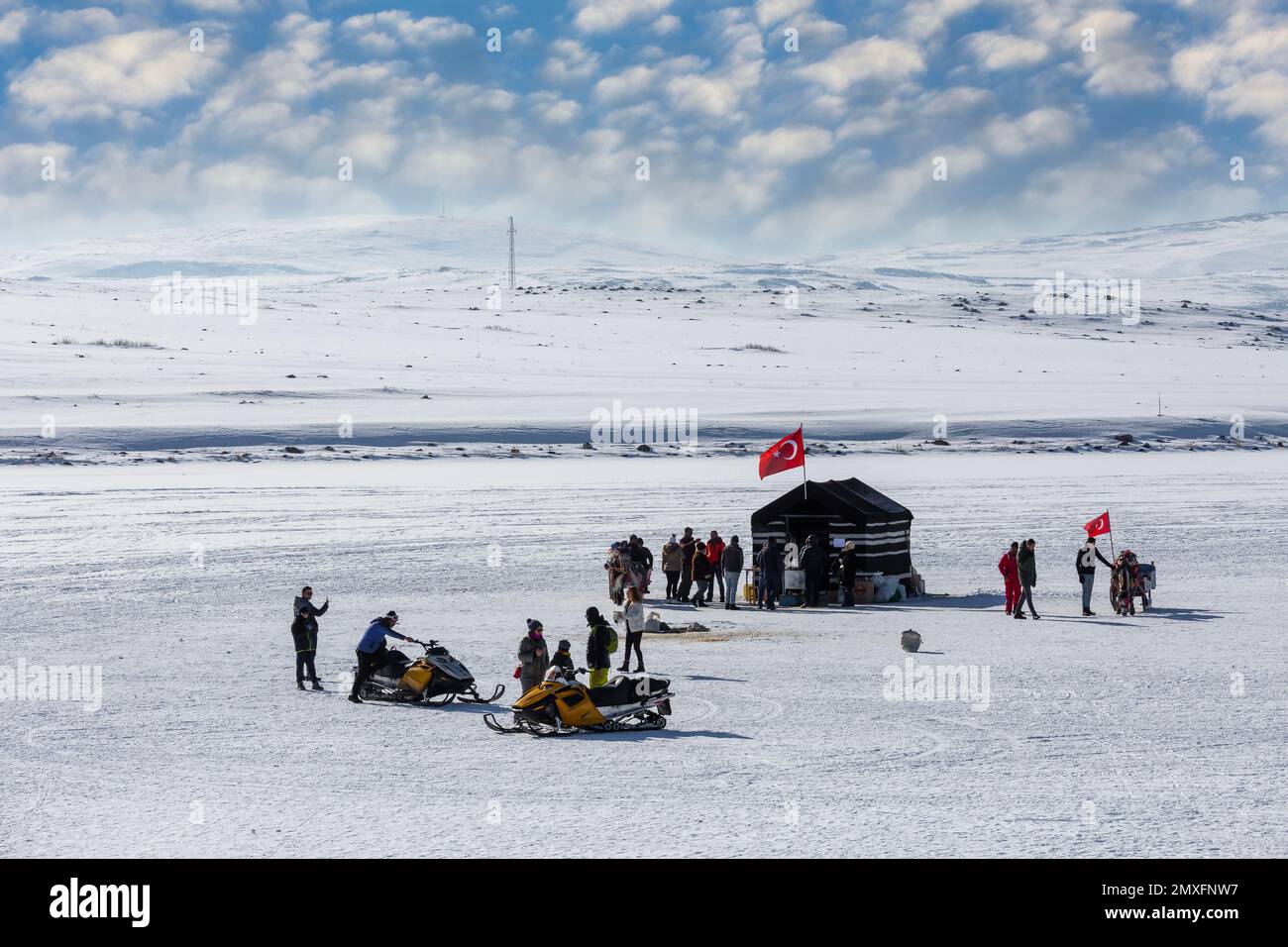 Sleigh pulled by a horse in lake frozen Cildir. Traditional Turkish ...