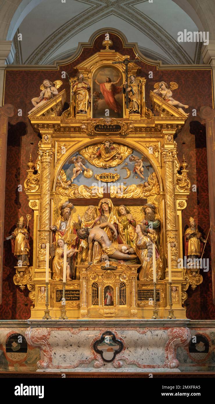 LUZERN, SWITZERLAND - JUNY 24, 2022: The carved polychrome side altar ...
