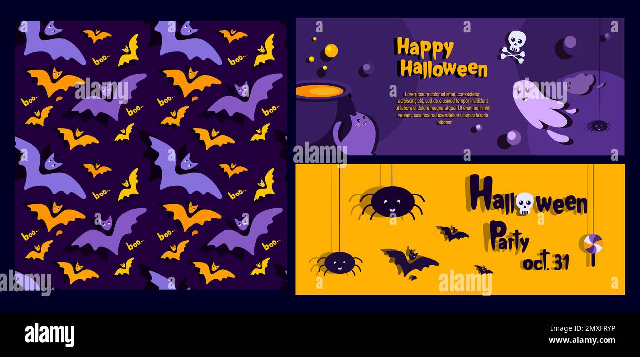 Halloween Bright Set of Greeting Invitation Cards and Seamless Endless ...