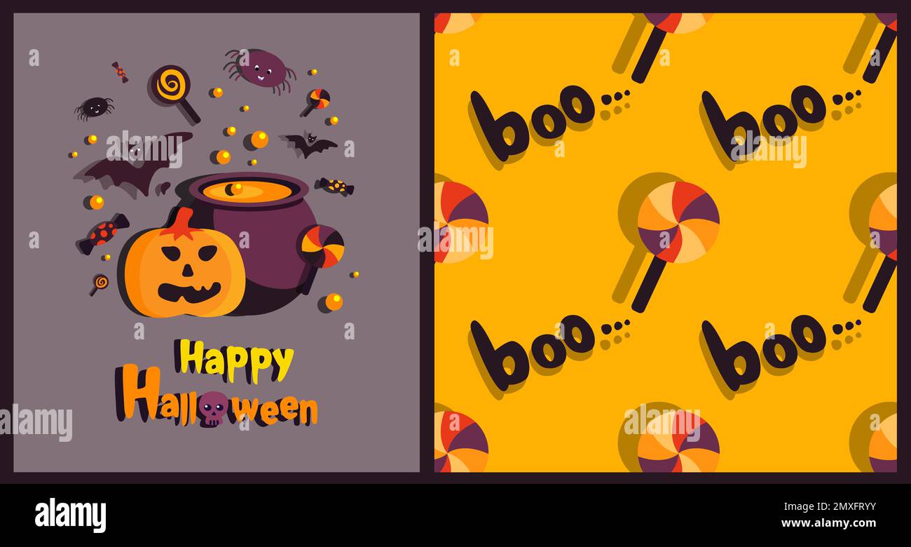 Halloween Bright Set of Greeting Card,Yellow Seamless Endless Pattern ...