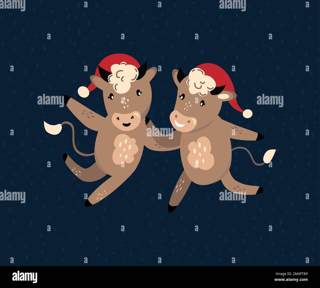 Christmas,Happy New Year Greeting Card.Cute Cartoon Bulls.Dancing ...